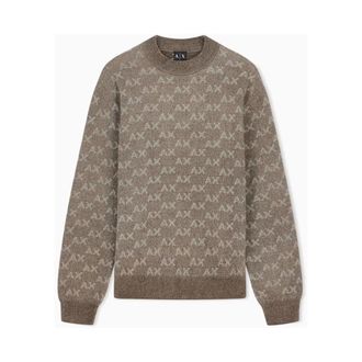 A|X Armani Exchange Pull &agrave; col rond avec logo all-over et bords c&ocirc;tel&eacute;s - Homme - Pulls - Brun - Taille: XL