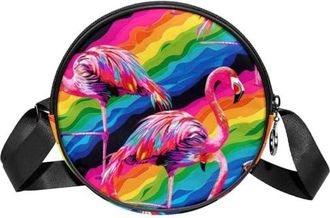 Generic Petit sac &agrave; bandouli&egrave;re circulaire pour femme, motif flamants roses, sac &agrave; dos &agrave; bandouli&egrave;re r&eacute;glable avec fermeture &eacute;clair, sac &agrave; main rond d&eacute;contrac