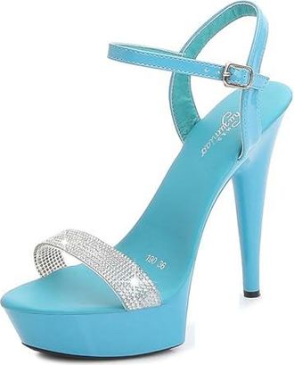 Generic Bleu,36 EU,Sandales à Talons Hauts et Plateformes pour Femme, Bride à la Cheville, Bout Ouvert, Strass, Chaussures habillées pour Bal de Promo, soirée