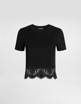 Dolce & Gabbana T-shirt Aus Jersey Mit Spitze - Frau T-shirts Und Sweatshirts Schwarz Baumwolle 36