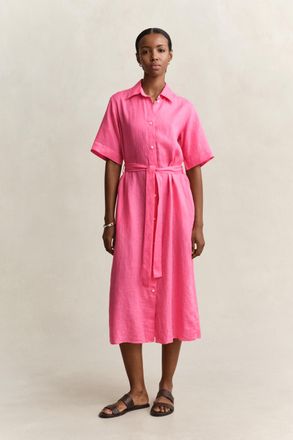 GANT Hemdblusenkleid GANT LINEN, Damen, Gr. 36, N-Gr, bright fuschia, Web, Obermaterial: 100% Leinen, unifarben, regular fit wadenlang, Rundhals, eingesetz