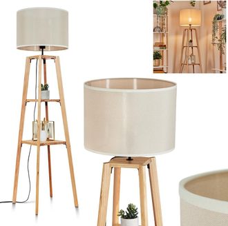 HOFSTEIN Stehleuchte Bassagoda, Stehlampe aus Holz/Stoff in Natur/Beige, Leuchte im skandinavischen Design mit rundem Schirm (Ø 40 cm), Ablageflächen u. Fußsch