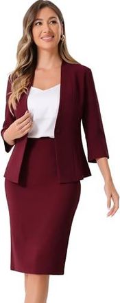 Allegra K Ensemble jupe daffaires 2 pi&egrave;ces pour femme, tenue de travail de bureau, blazer sans col, jupe crayon, rouge fonc&eacute;, L