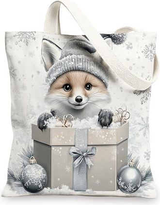 Generic Sac fourre-tout en toile avec renards de No&euml;l pour faire du shopping, 33 x 38,1 cm, cadeau de No&euml;l de luxe, sac d&eacute;picerie r&eacute;utilisable pour femme, pei