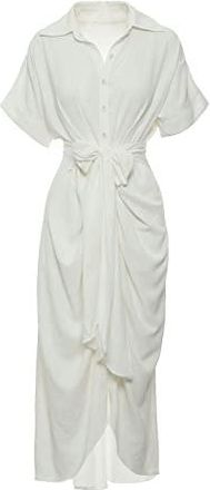 Generic Robe chemise mi-longue à revers à manches courtes simple boutonnage taille haute robe de fête robe longue, blanc, S