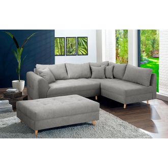 Norrwood home24 Ecksofa Meyford Grau Microfaser Enza 230 x 85 x 160cm Ottomane davorstehend rechts mit Hocker Skandi