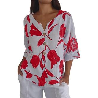 Generic Chemise Femme Coton Et Lin Chic D&eacute;contract&eacute;e Chemises D&eacute;t&eacute; Manche Longue Col en V L&acirc;che Haut L&eacute;ger Respirant Tunique Mode Coton Et Lin Grande Taille C