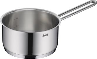 Silit Extra Cook, Stielkasserolle 16 cm, Innenskalierung, breiter Schüttrand, hochwertiger, spülmaschinenfester Crominox-Edelstahl, Milchtopf,optimale Wärme