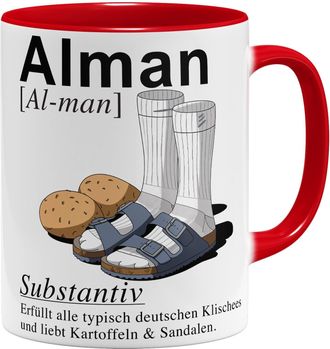 OM3 lustige Kaffee-Tasse mit Spruch - Alman - Typisch Deutsch Sandalen Kartoffeln Socken meme I - Keramik Becher - 325ml - Beidseitig Bedruckt - Rot