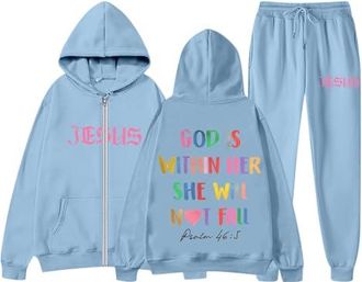 Generico Ensemble de surv&ecirc;tement 2 pi&egrave;ces pour femme avec imprim&eacute; lettres, ensemble dentra&icirc;nement avec fermeture &eacute;clair &agrave; manches longues et pantalon de sport 