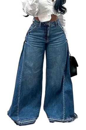 Generic Y2k Pantalon &eacute;vas&eacute; extra large pour femme Taille haute Ourlet extensible Long Baggy Bell Bottom Jeans, bleu, XXL