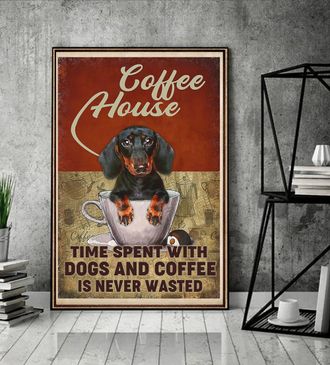 Inga Blechschild Dackel Coffee House Time Spent With Dog And Coffee Is Never Wasted Dachshund, 20,3 x 30,5 cm