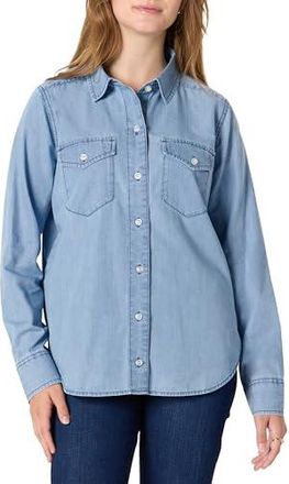 Amazon Essentials Chemise Boutonnée à Manches Longues en Chambray et Jean, Coupe Décontractée Femme, Bleu givré Clair délavé, XXL