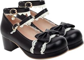 UPKOCH Chaussures Lolita &agrave; Talon Carr&eacute; pour Femmes Cuir &agrave; Bout Rond Noeud D&eacute;coratif Semelle Antid&eacute;rapante R&eacute;sistante Taille 39 Style Cosplay et Uniforme Conf