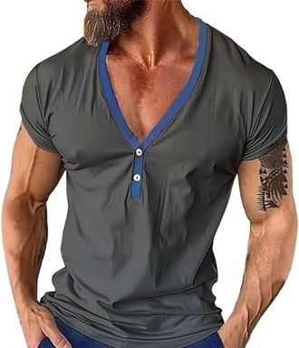 Generic T-shirt dété à manches courtes pour homme - Col en V profond - Coupe basse - Haut moulant - T-shirt extensible boutonné - T-shirt décontracté pour les