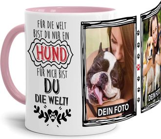 Tassendruck Fototasse mit Spruch - Mein Hund, Meine Welt - zum Selbst gestalten mit 2 Fotos für Hundebesitzer, Innen & Henkel Rosa, 300 ml
