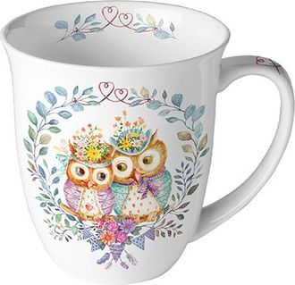 Ambiente Tasse 10cm Porzellan mit Eulen Motiv im Blumenkranz - 0,4L Keramiktasse Porzellangeschirr - Kaffeetasse Teetasse Kakaotasse - Tassen & Becher Tiermoti