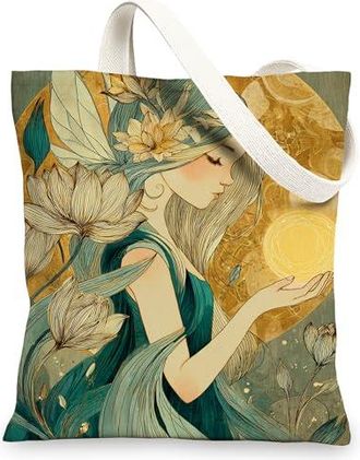 Generic Sacs fourre-tout en toile botanique, motif floral artistique, respectueux de lenvironnement, réutilisables, style vintage, léger, lavable, vert, 13x15