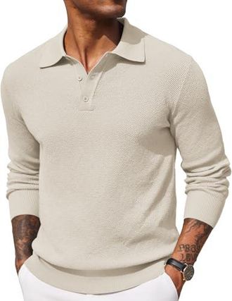 Coofandy Polo Jumper Hommes &agrave; Manches Longues Pull Maille Fine Sweatshirts Unis Tricot&eacute;S Jumper Sweater Beige XXL