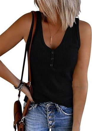 Zeagoo Débardeur Femme Chic et Élégant Tank Top sans Manches Top Haut Dété Col en V T-Shirt Boutons Basique Henley Shirts Casual Femme Tops Noir XXL