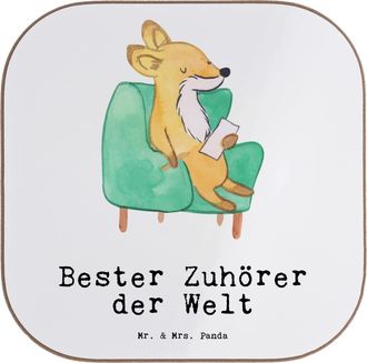 Mr. & Mrs. Panda Coaster Fuchs Bester Zuhörer der Welt - Geschenk, Tassenuntersetzer, gläseruntersetzer, Untersetzer für Gläser, Danke, Freund, Freundin, Geschenkidee,
