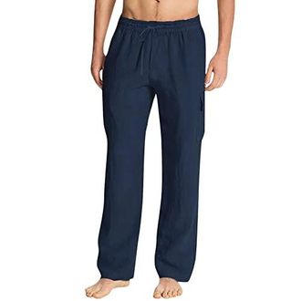 Generic Pantalon d&eacute;t&eacute; en lin pour homme - Pantalon en tissu avec poches - Pantalon de plage avec cordon de serrage - Jambes droites - Pantalon de jogging - Pa