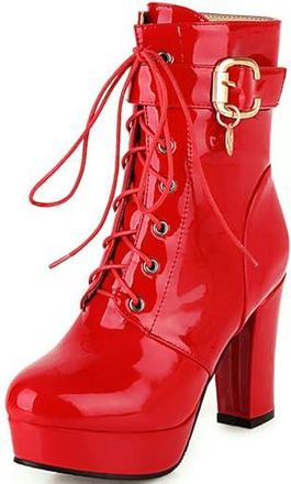 SJJH Bottines &agrave; fermeture &eacute;clair lat&eacute;rale pour femme - Talon de 10 cm - Boucle en m&eacute;tal - Doublure douillette, rouge, 42 EU