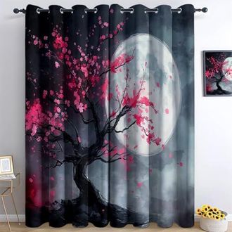 Generic Rideau Occultant Arbres De Cerisiers en Fleurs Fantastiques Lune Motif, Thermique Isolant Anti Froid 140L X 260H cm (2 Panneaux) Tenture Opaque à Oeil