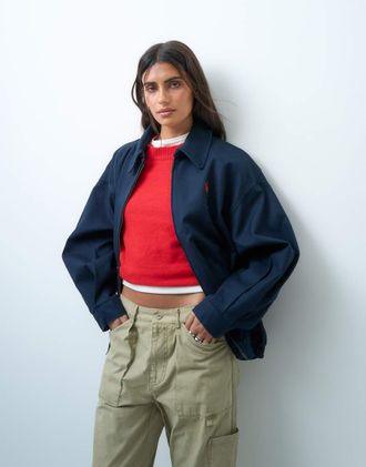 Polo Ralph Lauren veste harrington bomber oversize en serg&eacute; de coton &agrave; logo icon en bleu marine