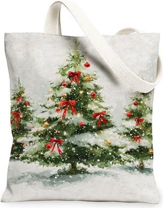 Generic Sacs fourre-tout en toile motif sapin de No&euml;l, sacs d&eacute;picerie r&eacute;utilisables, vintage, l&eacute;gers, lavables avec bandouli&egrave;re F, blanc, 13x15 Inch