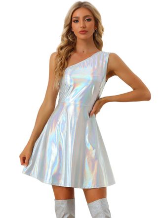 Allegra K Damen &Auml;rmellos One Shoulder Metallic Partykleid Disco Holografisches Glitzer Kleid Silber M