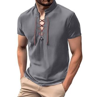 Generic T-shirt en lin &agrave; manches courtes pour homme - Style hippie - D&eacute;contract&eacute; - Plage - Col montant, gris, XXL