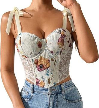 Generic Corset Femme Pirate, Corset Sexy &Agrave; Baleines Pour Femme, Imprim&eacute; Floral R&eacute;tro, Coupe Slim Bicolore, D&eacute;bardeur &Agrave; Lacets