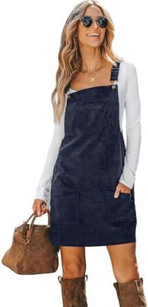 Cupshe Robe dautomne en velours côtelé avec poche avant et col carré, bretelles larges, style décontracté, bleu marine, Taille XL