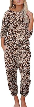 Ekouaer Ensembles de Pyjamas pour Femmes à Manches Longues Hiver Col Rond Vêtements de Nuit avec Poches Léopard M