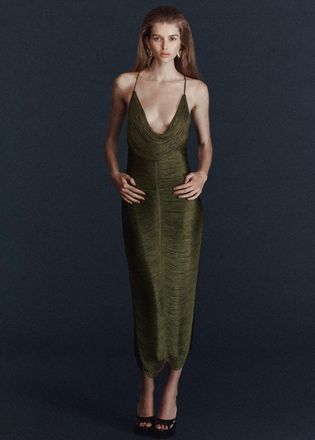 Mango Robe &agrave; franges avec dos nu kaki - Femme - XL - MANGO