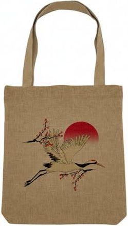 Fabulous Sac Shopping Tote Bag Aspect Lin - Grue du Japon Oiseau Asie Faune Sakura - Sac de Courses Toile Epaisse 360g Beige Naturel Cabas Port&eacute; Epaule Solide 