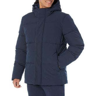 Amazon Essentials Herren Puffer mit Kapuze, recyceltes Polyester, mittellang, erh&auml;ltlich in gro&szlig; und hoch, Marineblau, Gr&ouml;&szlig;e 6XL
