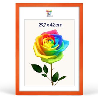 MG Design Bilderrahmen A3 29,7 x 42 cm - Posterrahmen mit Orange Holzrahmen (Echtholz) und bruchsicherem Acrylglas, Hoch & Quer mit stabiler Wandaufh&auml;ngung