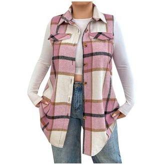 Generic Gilet Sans Manche Femme Gilet Femme D&eacute;contract&eacute; Quotidien Ville Carreaux Col Chemise - Veste Casual Avec Poches Pour Style Urbain
