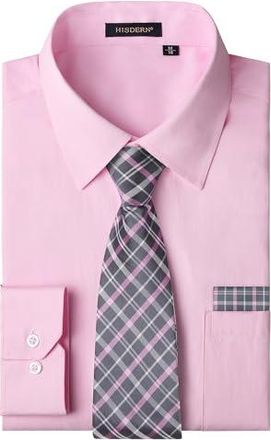 Hisdern Chemise Rose Homme Formelle Chemise Homme Manches Longues avec Cravate Casual Mariage Business avec Poche Regular Slim Fit 2XL