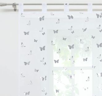 Joyswahl Voile Gardineschal Transparenter mit silberner Schmetterlingmuster-Druck Vorhang Modern Dekoschal Fenstergardine mit Schlaufen, BxH 140x145cm