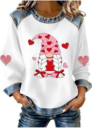 Generic Sweat-shirt &agrave; manches longues en denim pour femme - Motif coeur - Patchwork - Pull l&eacute;ger &agrave; manches longues - Col rond - Pull d&eacute;contract&eacute;, blanc, 3XL