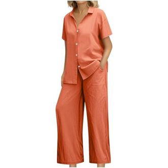 Generic Surv&ecirc;tement pour femme &agrave; manches 3/4 en lin et coton - Coupe ample - Tenue deux pi&egrave;ces avec haut et pantalon - Respirant et confortable pour un usage 