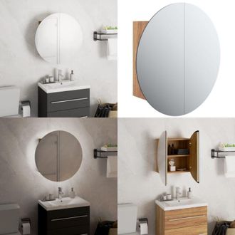 vidaXL Badezimmerschrank mit Rundem Spiegel & LED Eichen-Optik - Badezimmerm&ouml;bel - Holzbadschrank - Runder Spiegel - LED-Spiegel - Kosmetiktisch - Home &