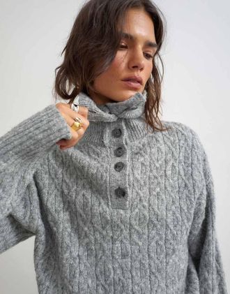 Topshop pull en maille torsad&eacute;e &agrave; col chemin&eacute;e gris