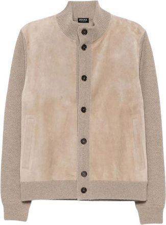 Ermenegildo Zegna Cardigan en cachemire avec devant en daim - Homme - Pulls - Beige - Taille: L