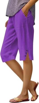 Generico Pinocchietti Femme dÉté Coton et Lin au Genou Capri Bermuda Élégant Décontracté Large Pantalon 7/8 Tailles Élastique Shorts Femme Léger Confortable Ta