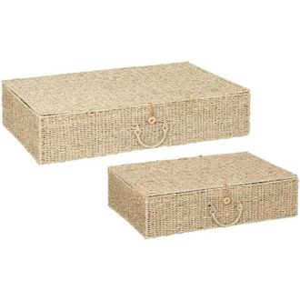 Atmosphera Atmosphera - Lot de 2 paniers de rangement en paille tress&eacute;e avec couvercle L 80 x P 50 x H 19 cm - Poign&eacute;es pour transport facile
