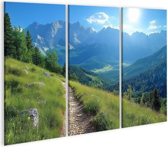 Islandburner Bild auf Leinwand Wanderweg durch sonnige Berglandschaft f&uuml;r Wohnzimmer Naturliebhaber Wellness-Spa Bilder Wandbilder Poster